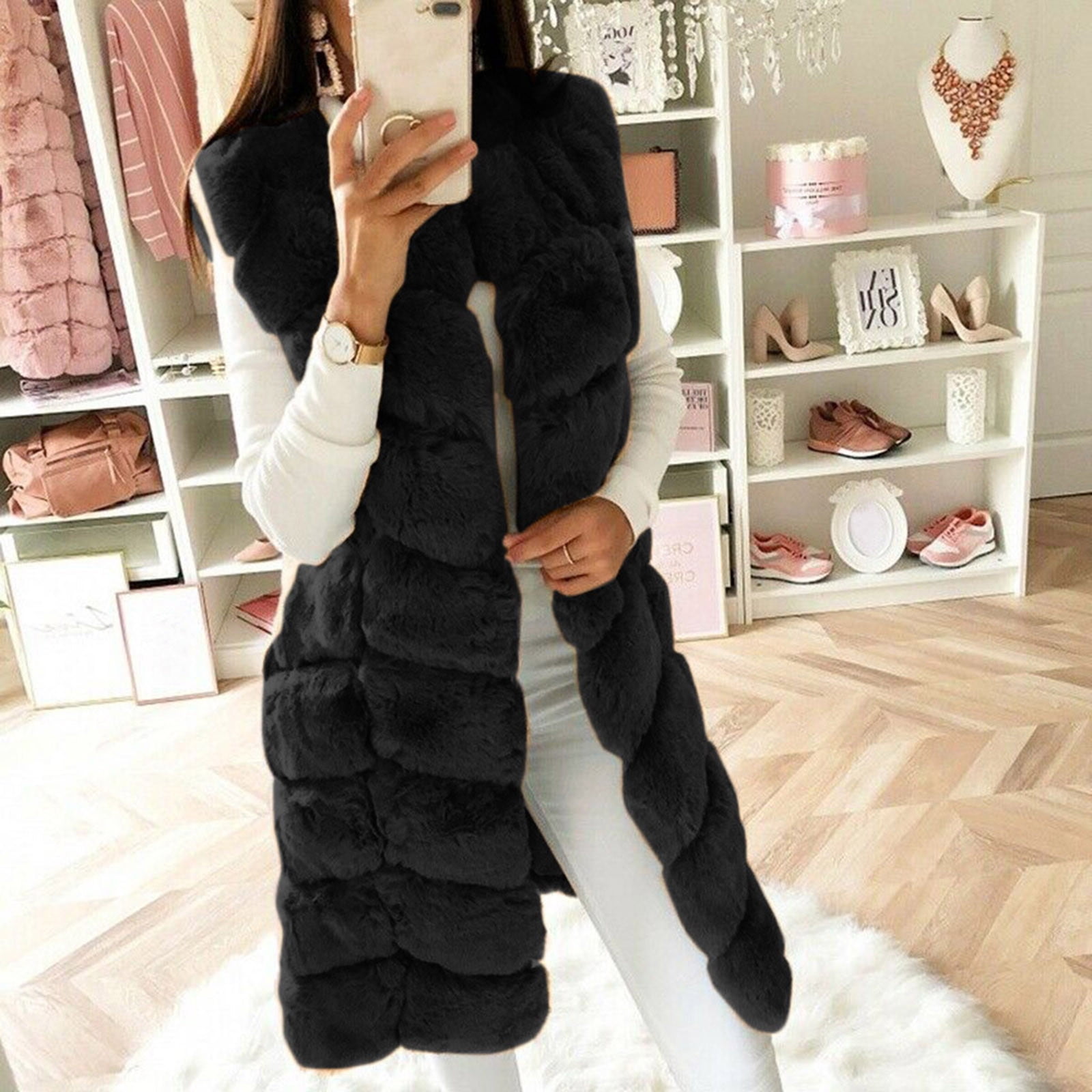 Fartey Womens Long Faux Fur Vest Winter Sleeveless Warm Jacket Sherpa ...
