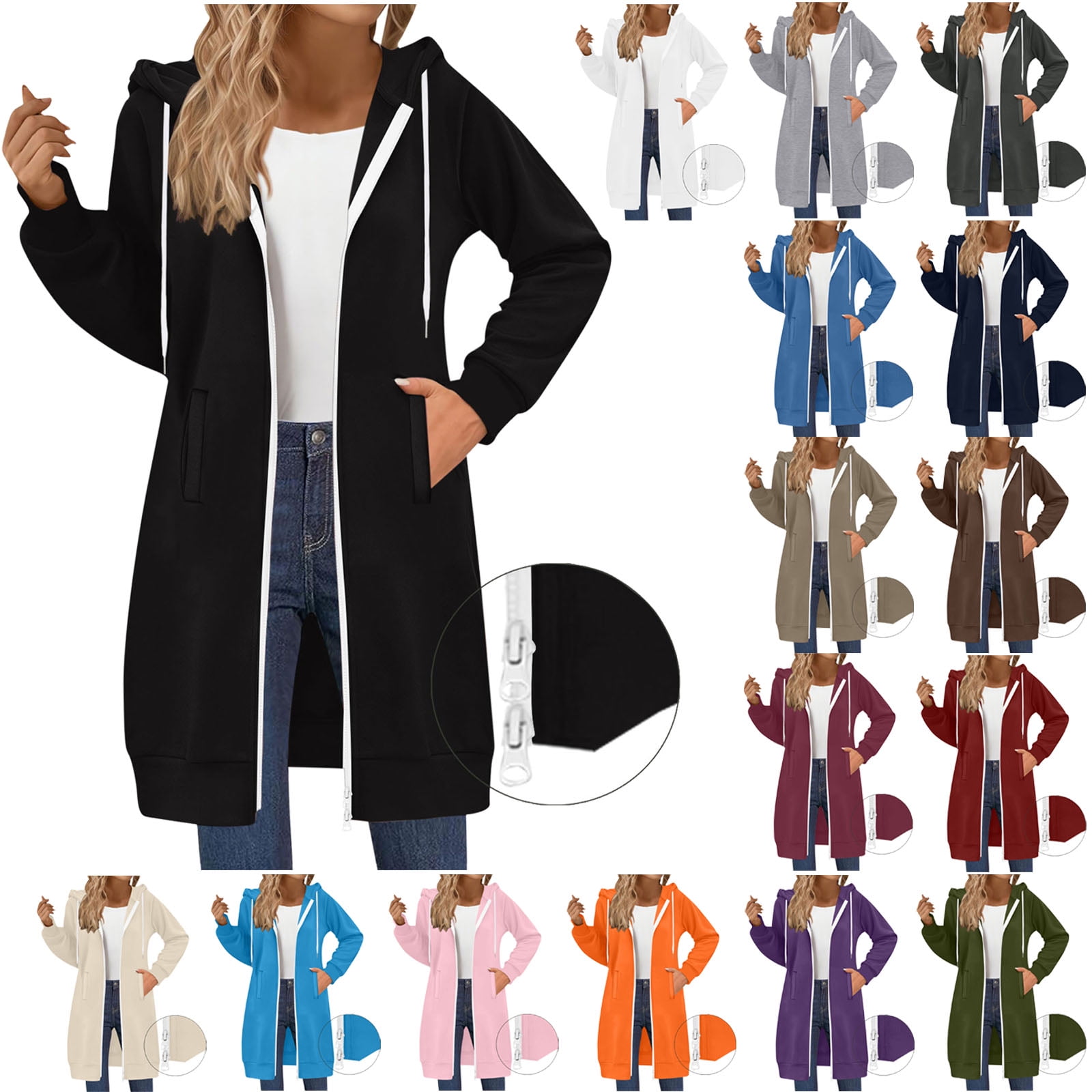 Fartey Womens Oversized Long Hoodie Fall Double Zip Fleece Sweatshirts ...
