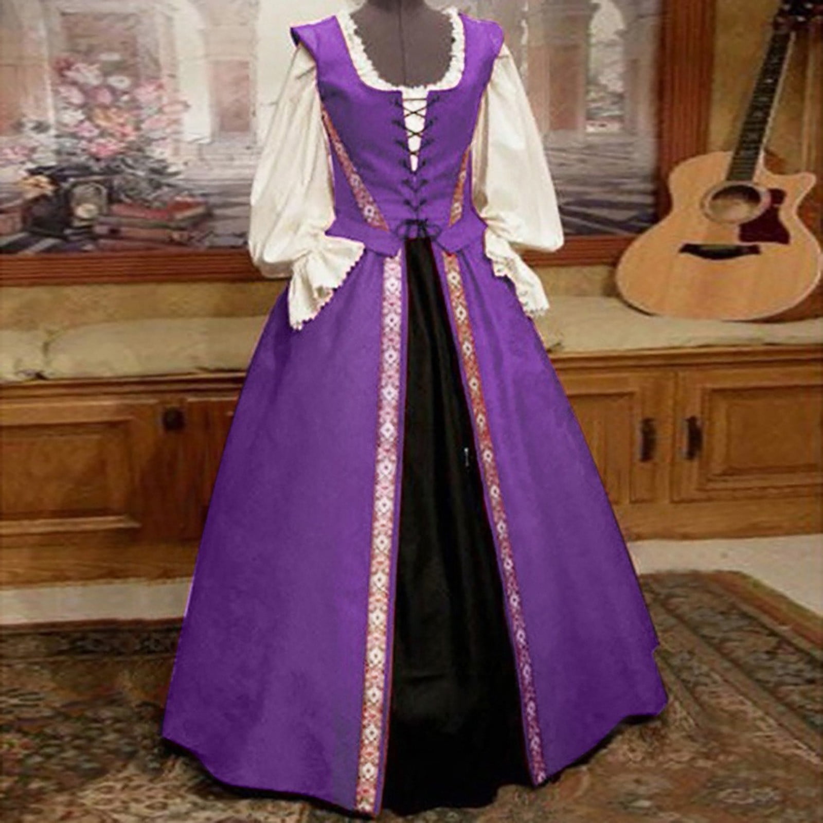 Fartey Womens Plus Size 2 Piece Renaissance Dress Retro Puff Sleeve ...