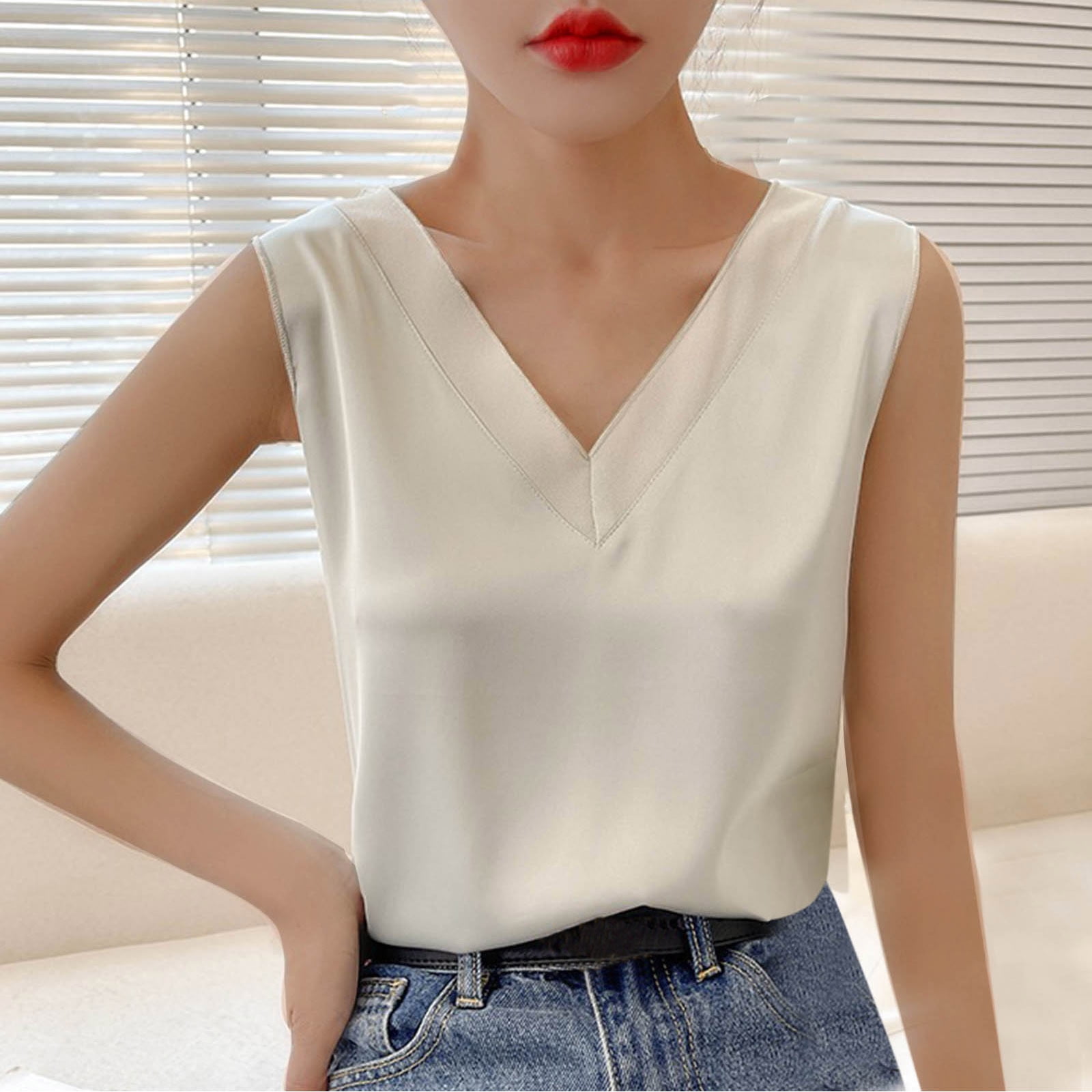 Fartey Womens Silk Satin Tank Tops Fashion Elegant Colorblock V Neck ...