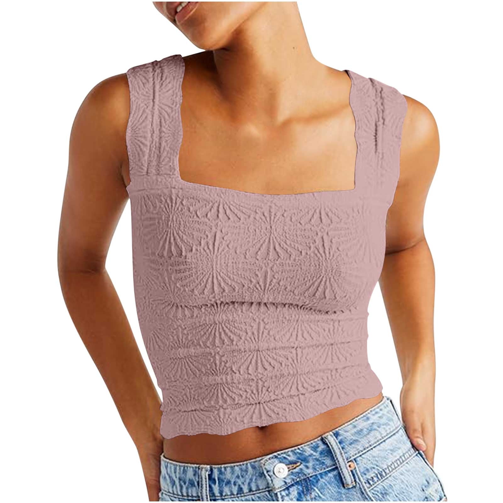 Fartey Womens Square Neck Wide Straps Crop Tank Tops Fashion Textured Tanks Soft Stretch Summer ...