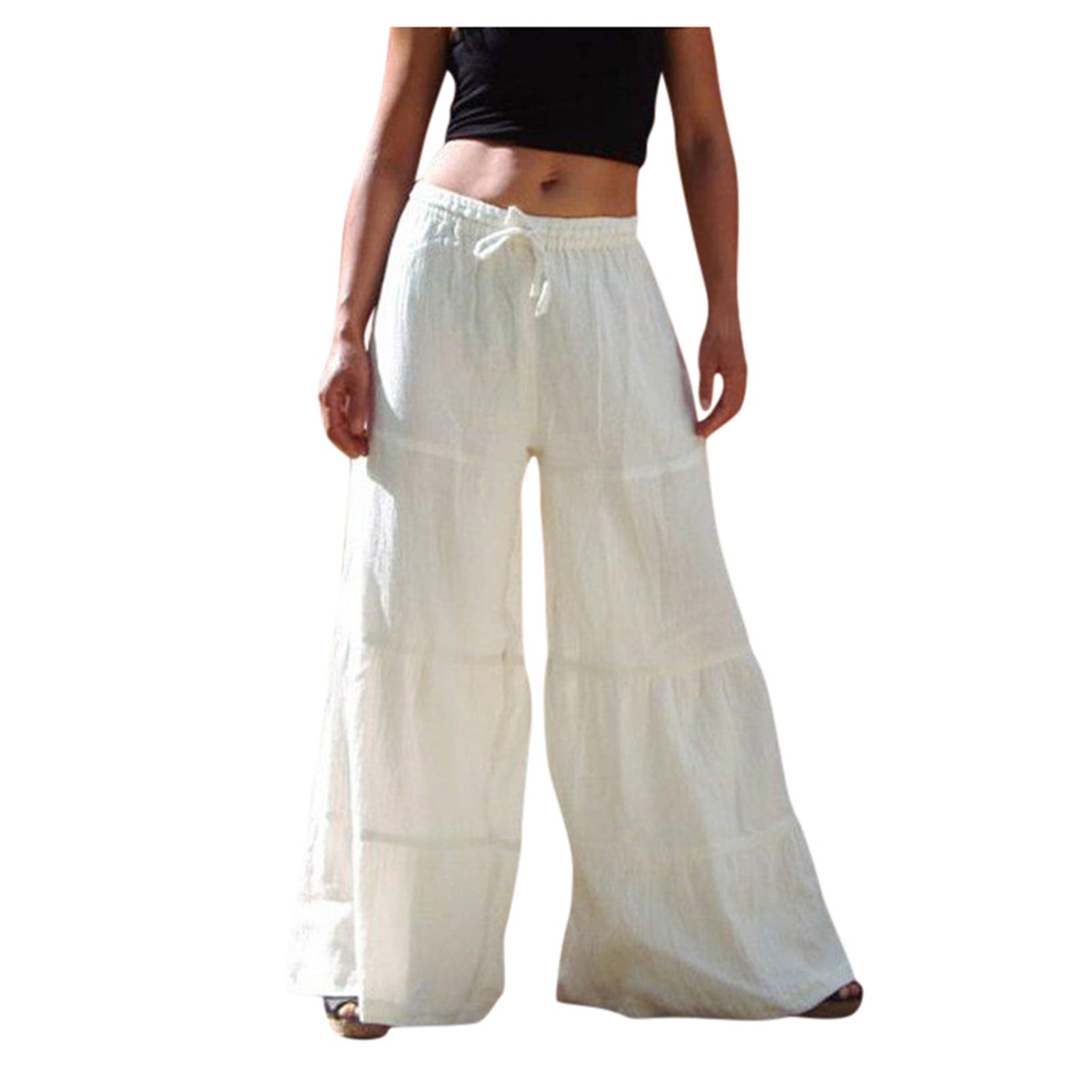 Fartey Womens Tiered Wide Leg Pants Summer Cotton Linen Palazzo Pants ...