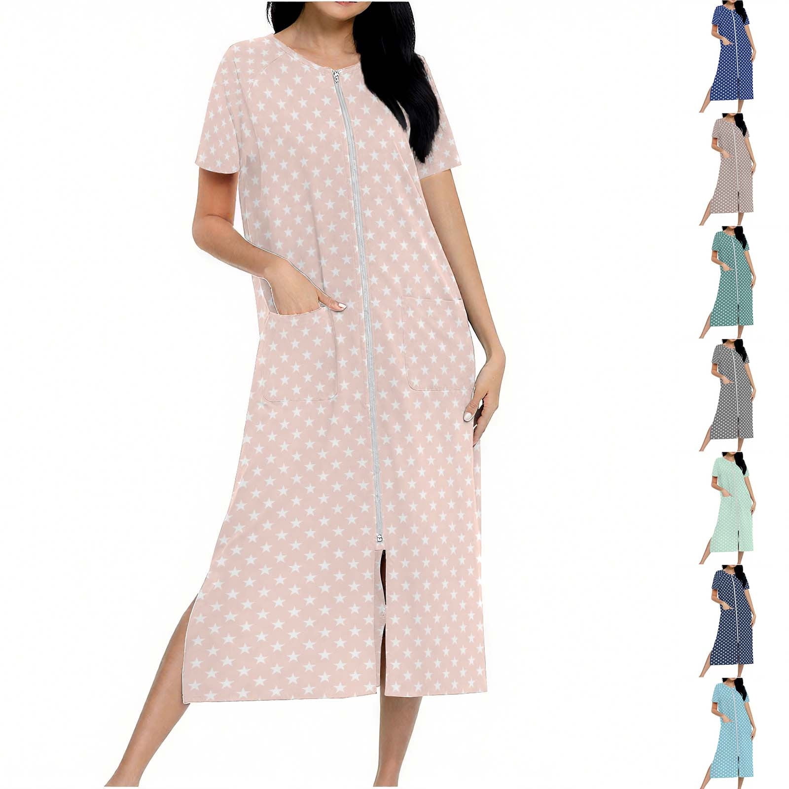 Fartey Womens Zipper Front Nightdress Long Robes Stars Print Short ...