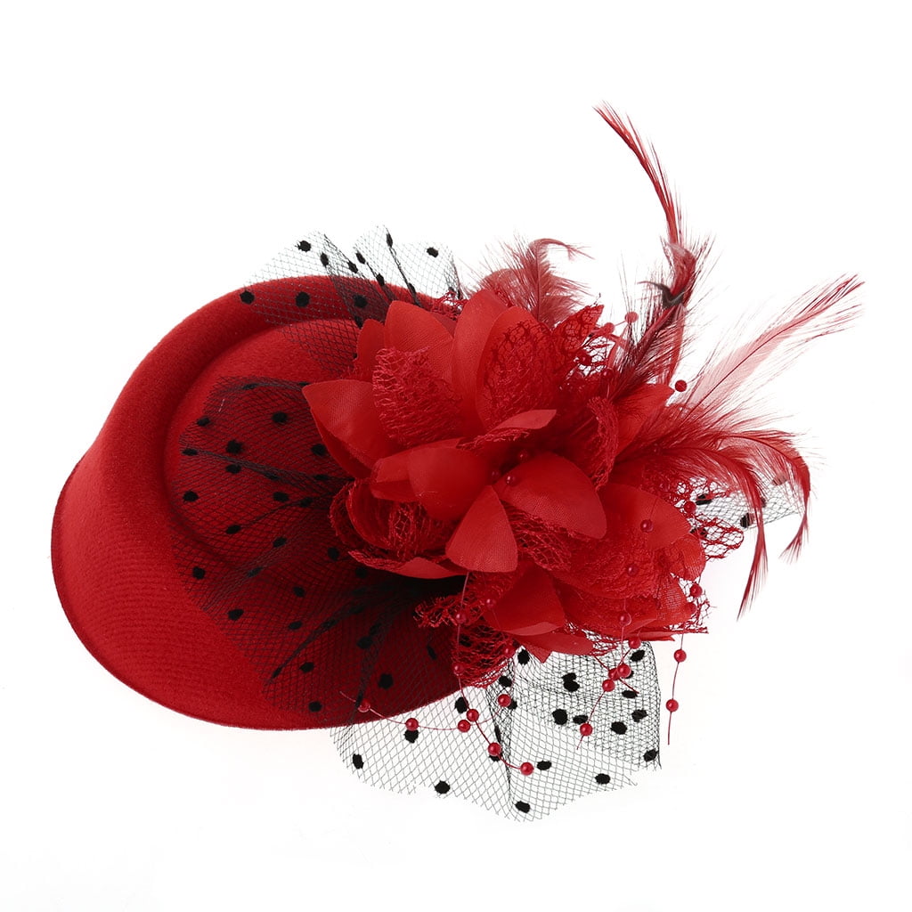 Fascinator Hats for Women Pillbox Cap with Flower Feather Mesh Veil and ...