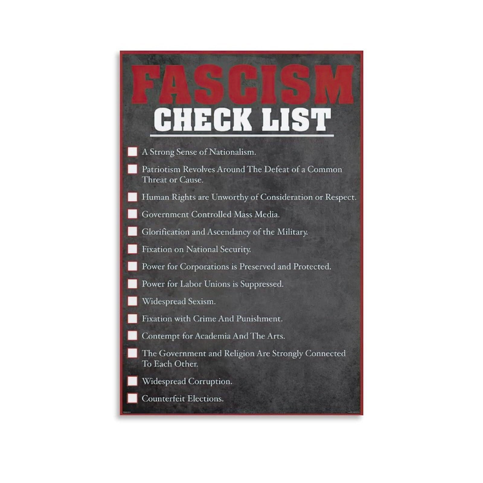 Fascism Checklist Poster Fun Wall Decor Nationalist Decorative Art ...