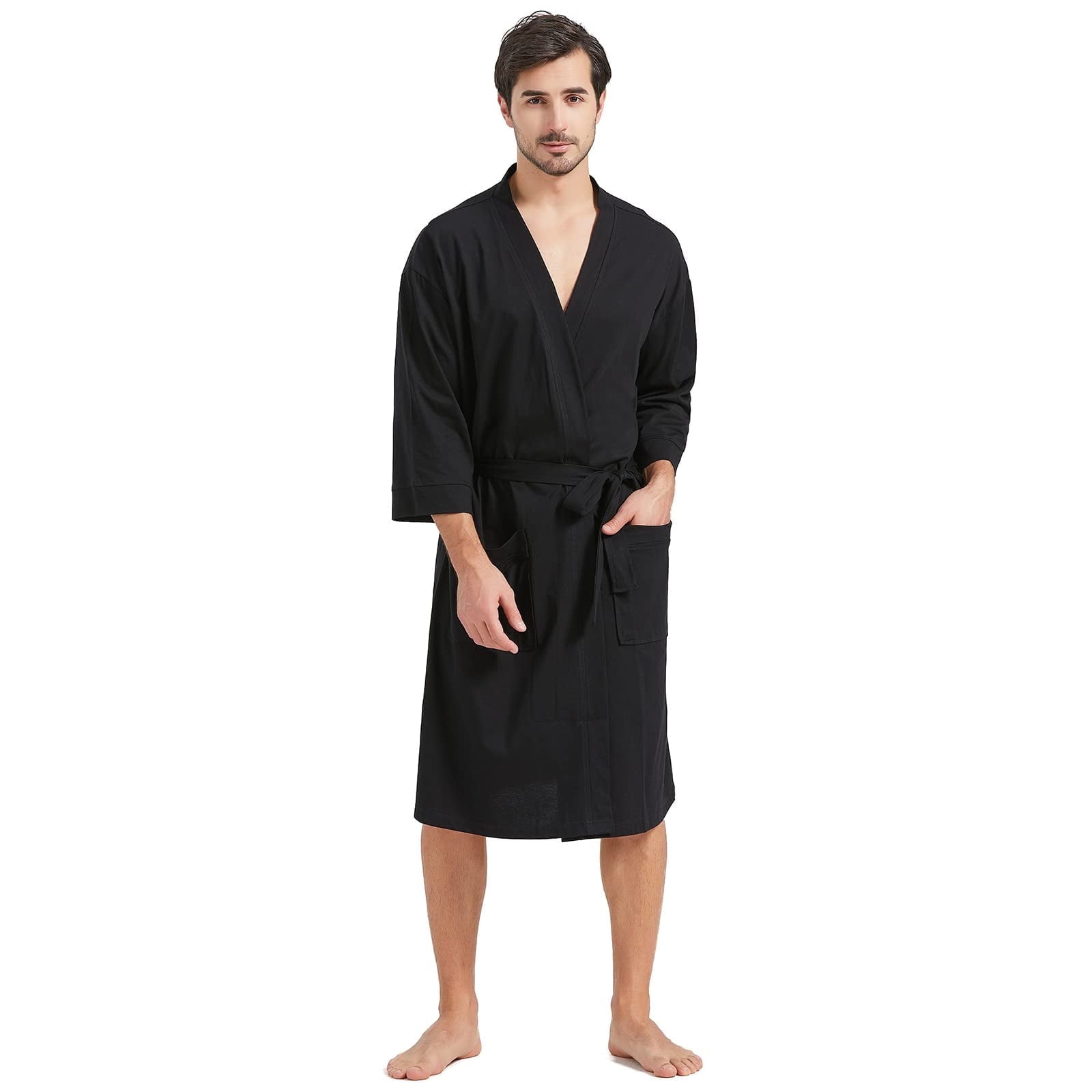 FashGudim 100% Cotton Knit Robe for Men Lightweight Summer Robes Thin Kimono Bathrobes Knee ...
