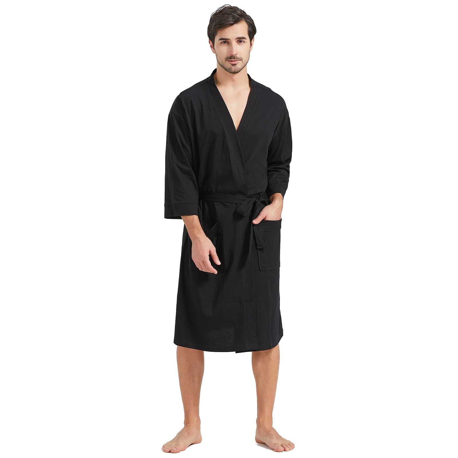 FashGudim 100% Cotton Knit Robe for Men Lightweight Summer Robes Thin Kimono Bathrobes Knee ...