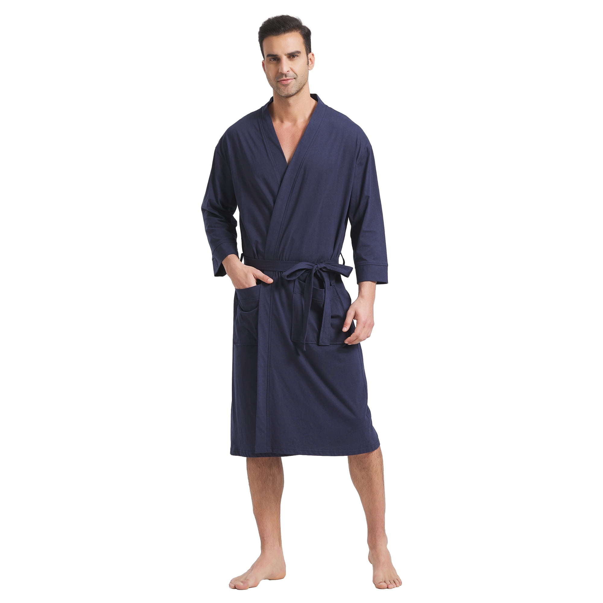 FashGudim 100% Cotton Knit Robe for Men Lightweight Summer Robes Thin Kimono Bathrobes Knee ...