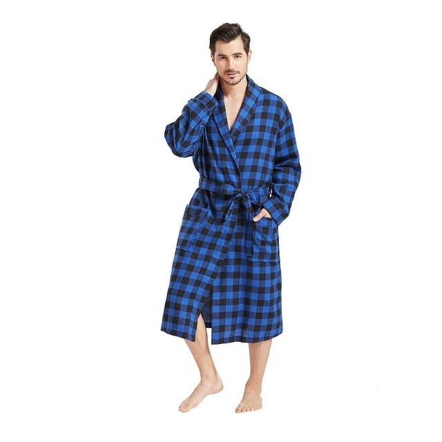 FashGudim Mens Buffalo Plaid Robe Cotton Flannel Shawl Collar Bathrobe ...
