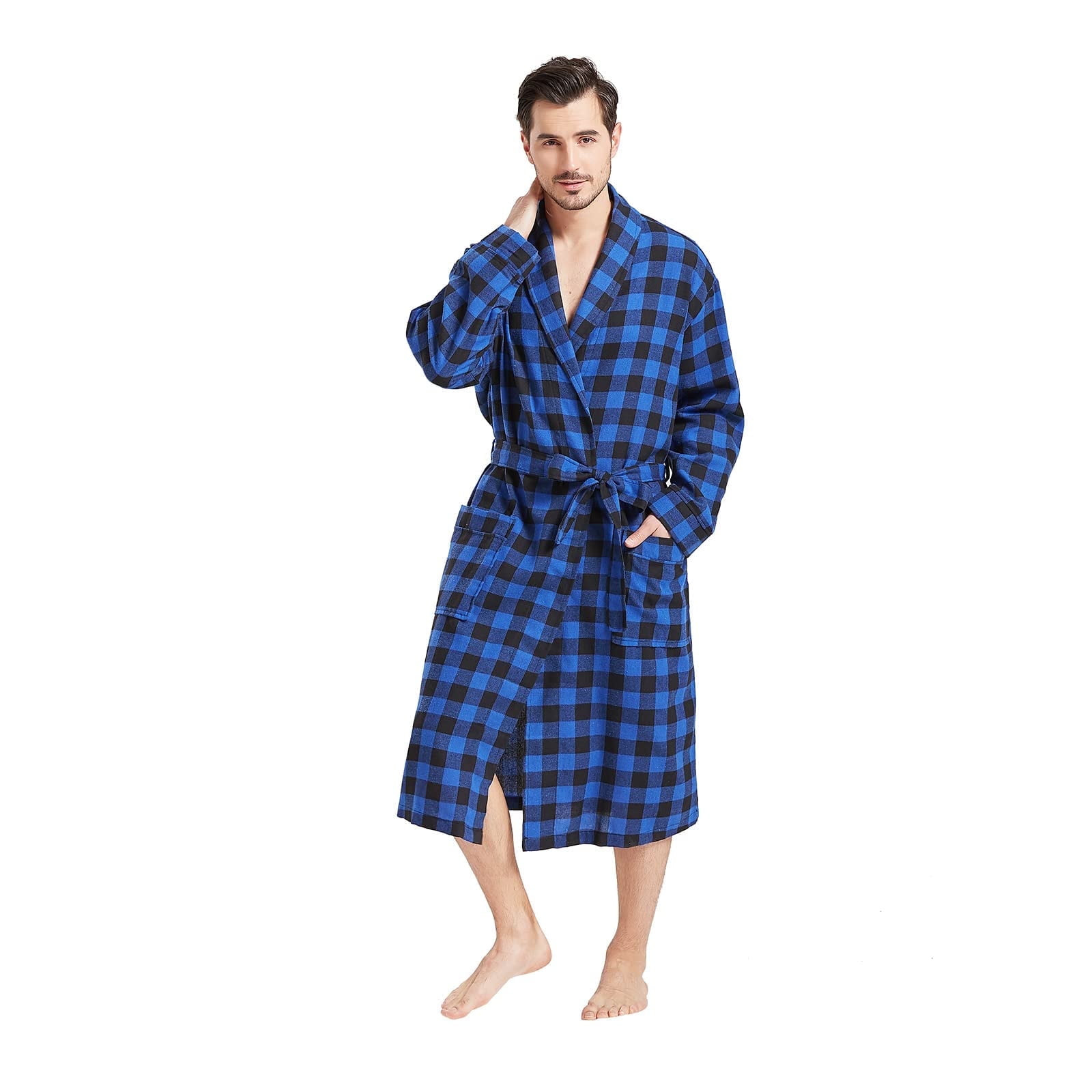 FashGudim Mens Buffalo Plaid Robe Cotton Flannel Shawl Collar Bathrobe ...