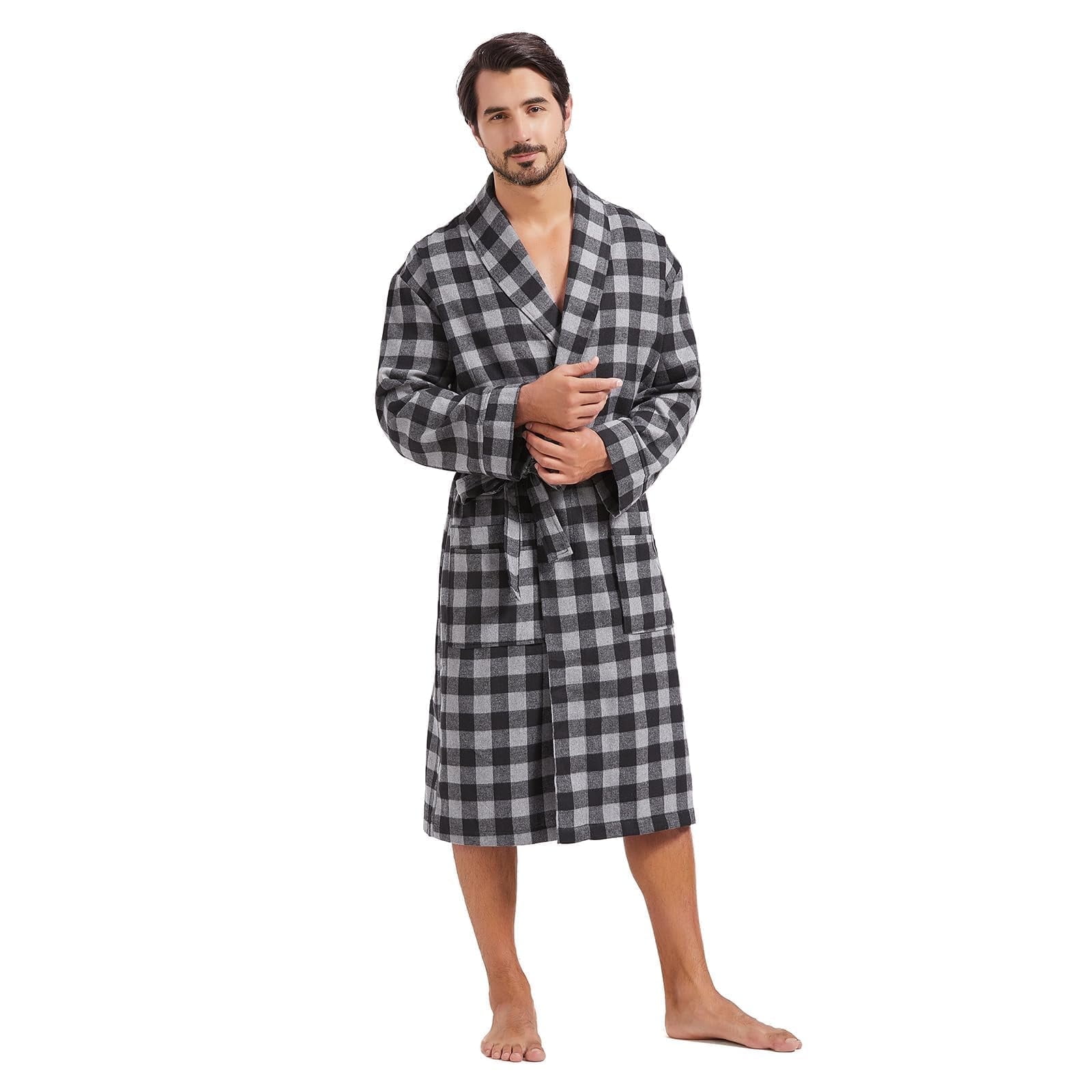 FashGudim Mens Buffalo Plaid Robe Cotton Flannel Shawl Collar Bathrobe ...