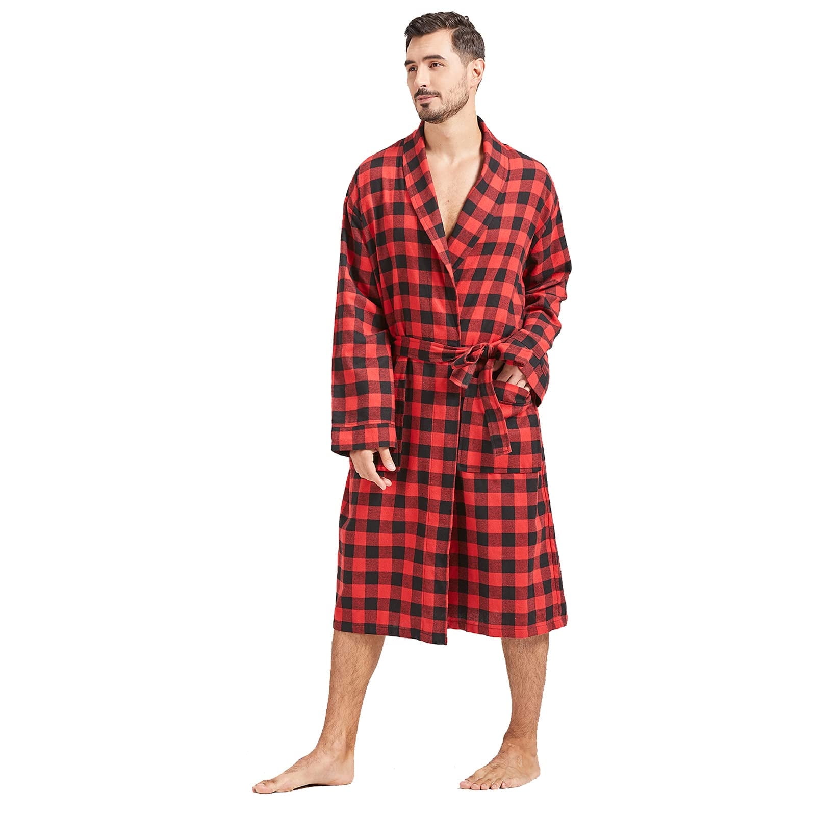 FashGudim Mens Buffalo Plaid Robe Cotton Flannel Shawl Collar Bathrobe ...