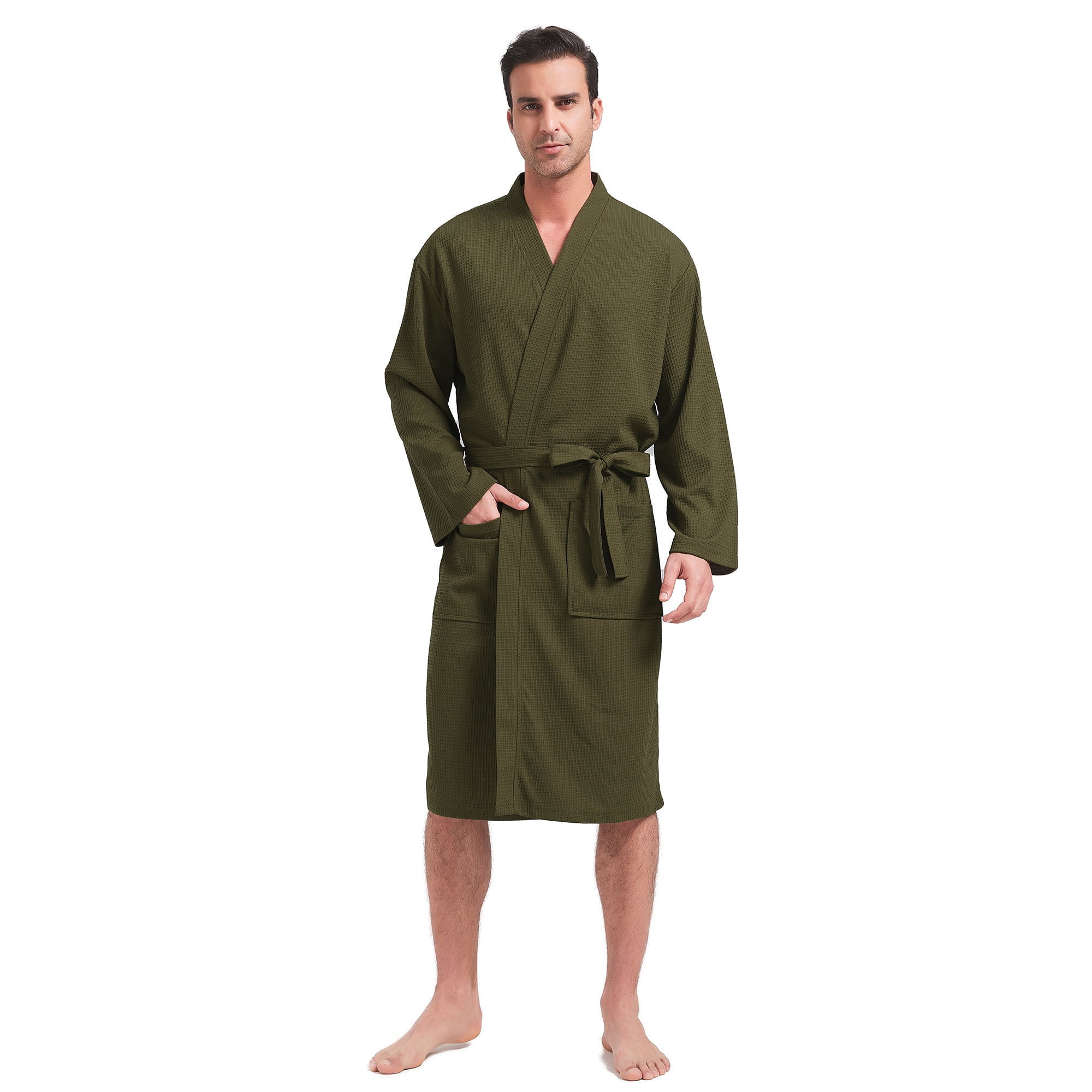 FashGudim Mens Lightweight Waffle Knit Robe Soft Kimono Spa Bathrobes ...