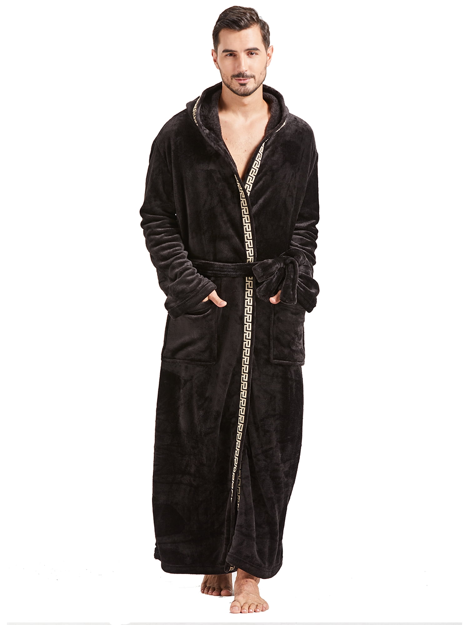 FashGudim Mens Big and Tall Hooded Fleece Bathrobe, Black with Plush ...