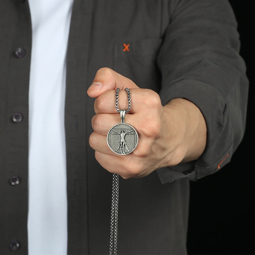 Fashion 14K White Gold Coin Pendant Vitruvian Necklace Men Jewelry ...