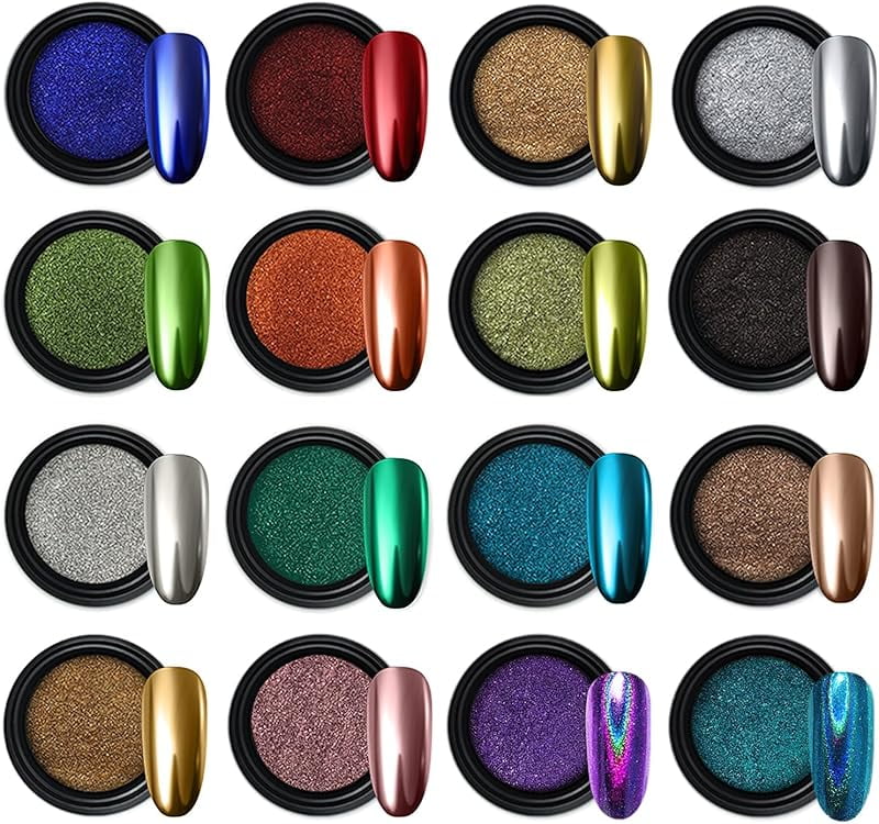 Fashion 16 Colors Chrome Nail Powder, Iridescent Aurora Powder Metallic ...