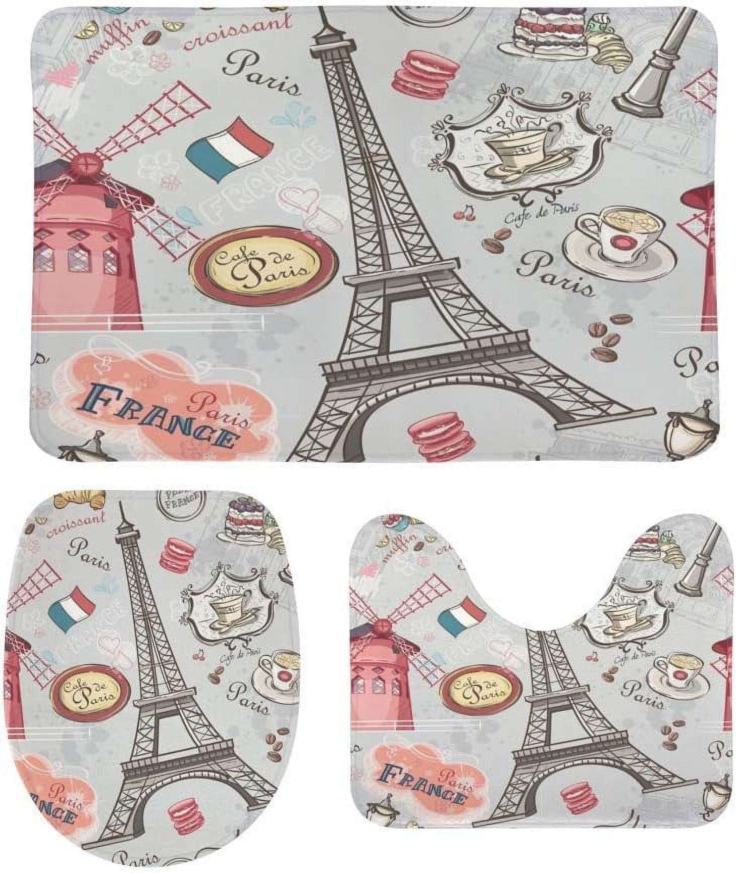 Fashion 3 Piece Bath Rugs Set Eiffel Tower Vintage Paris Theme Printed ...