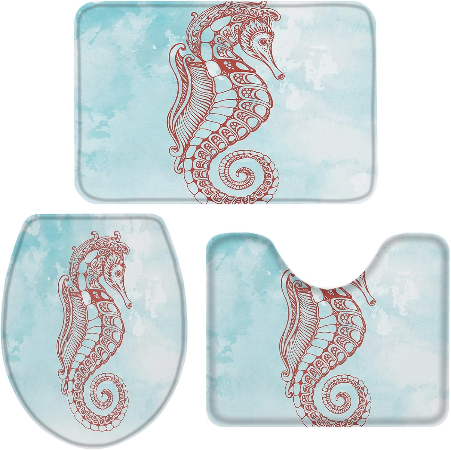 Fashion 3 Piece Bath Rugs Set Hand Draw Seahorse Cute Animal Printed Non Slip Ultra Soft ...