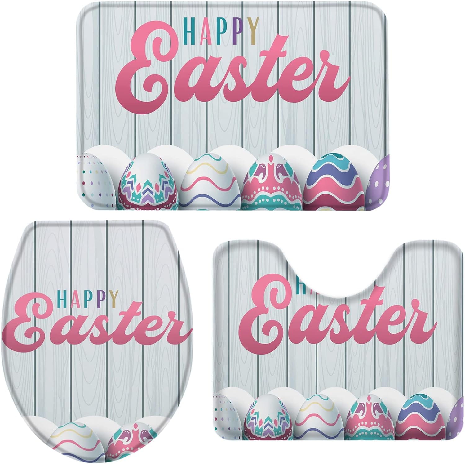 Fashion 3 Piece Bath Rugs Set Happy Easter Colorful Eggs Printed Non ...