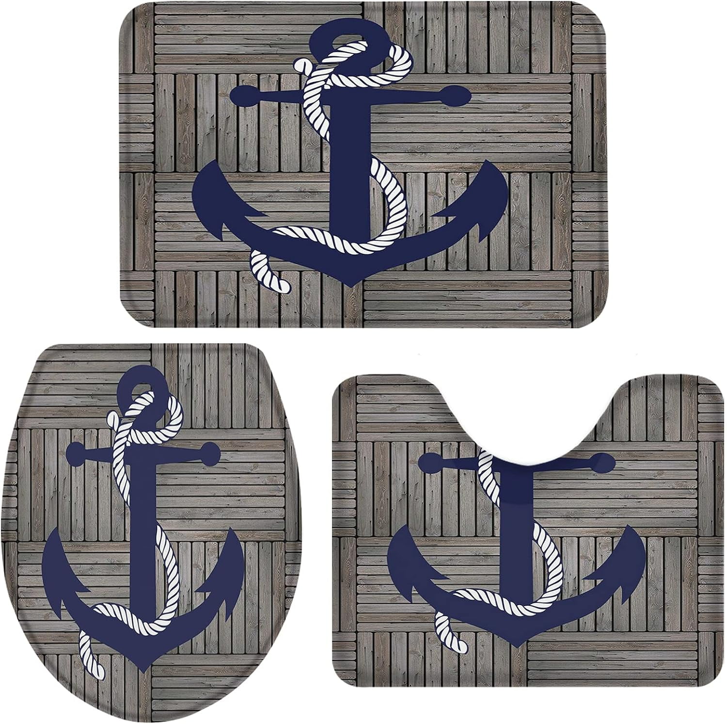 Fashion 3 Piece Bath Rugs Set Nautical Anchor Line Retro Wood Grain Non ...