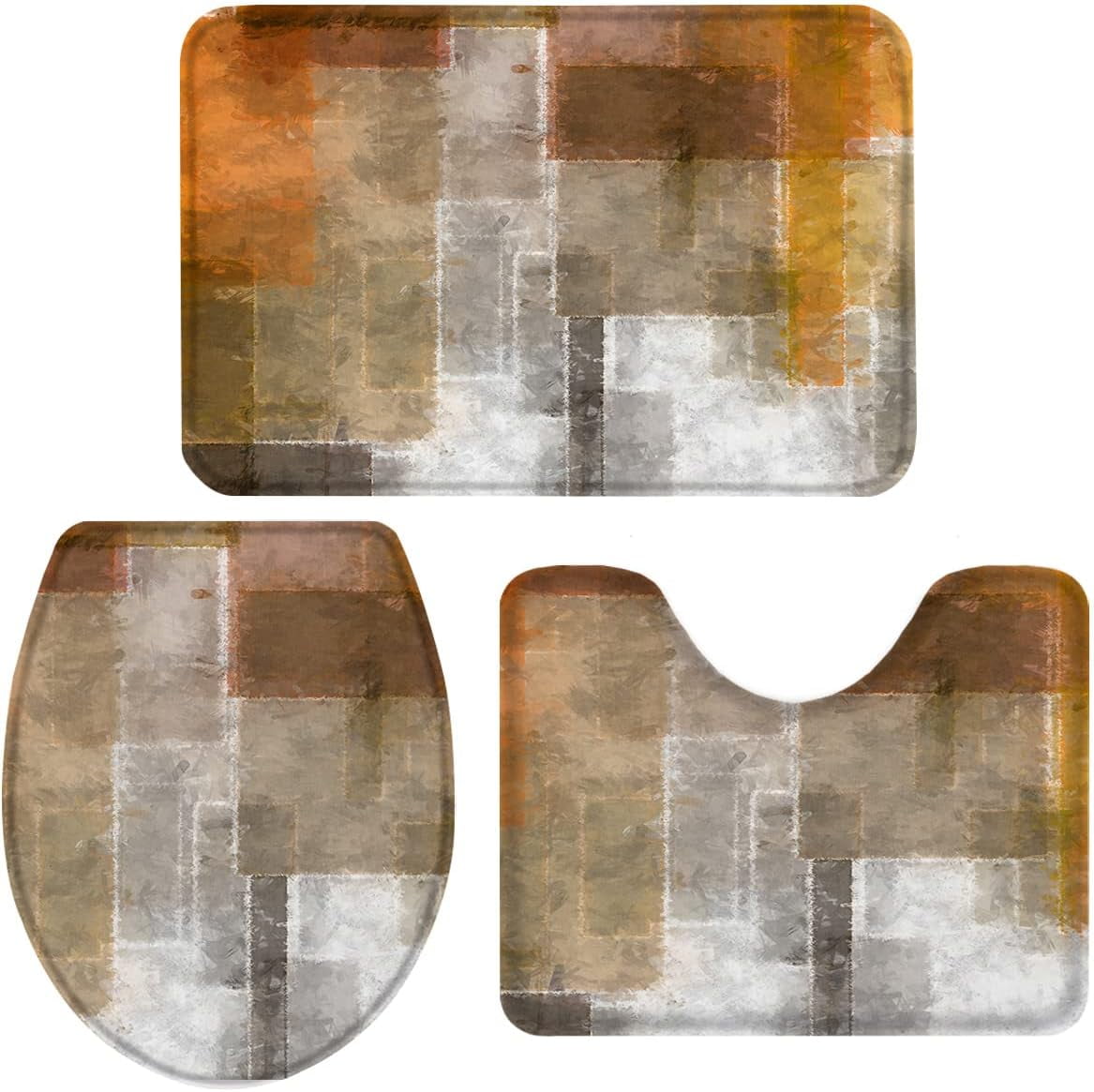Fashion 3 Piece Bath Rugs Set Orange Abstract Art White Brown Modern Printed Non Slip Ultra Soft ...