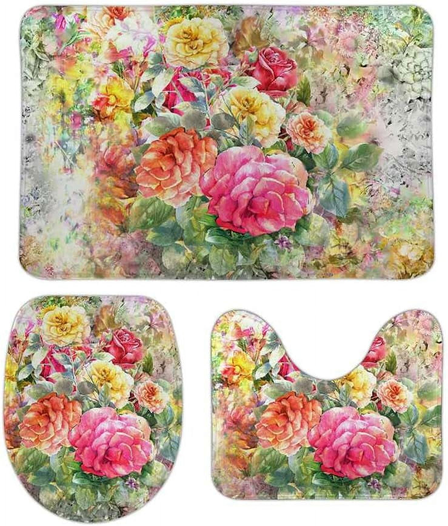Fashion 3 Piece Bath Rugs Set Watercolor Painting Leaf Flowers Rose ...