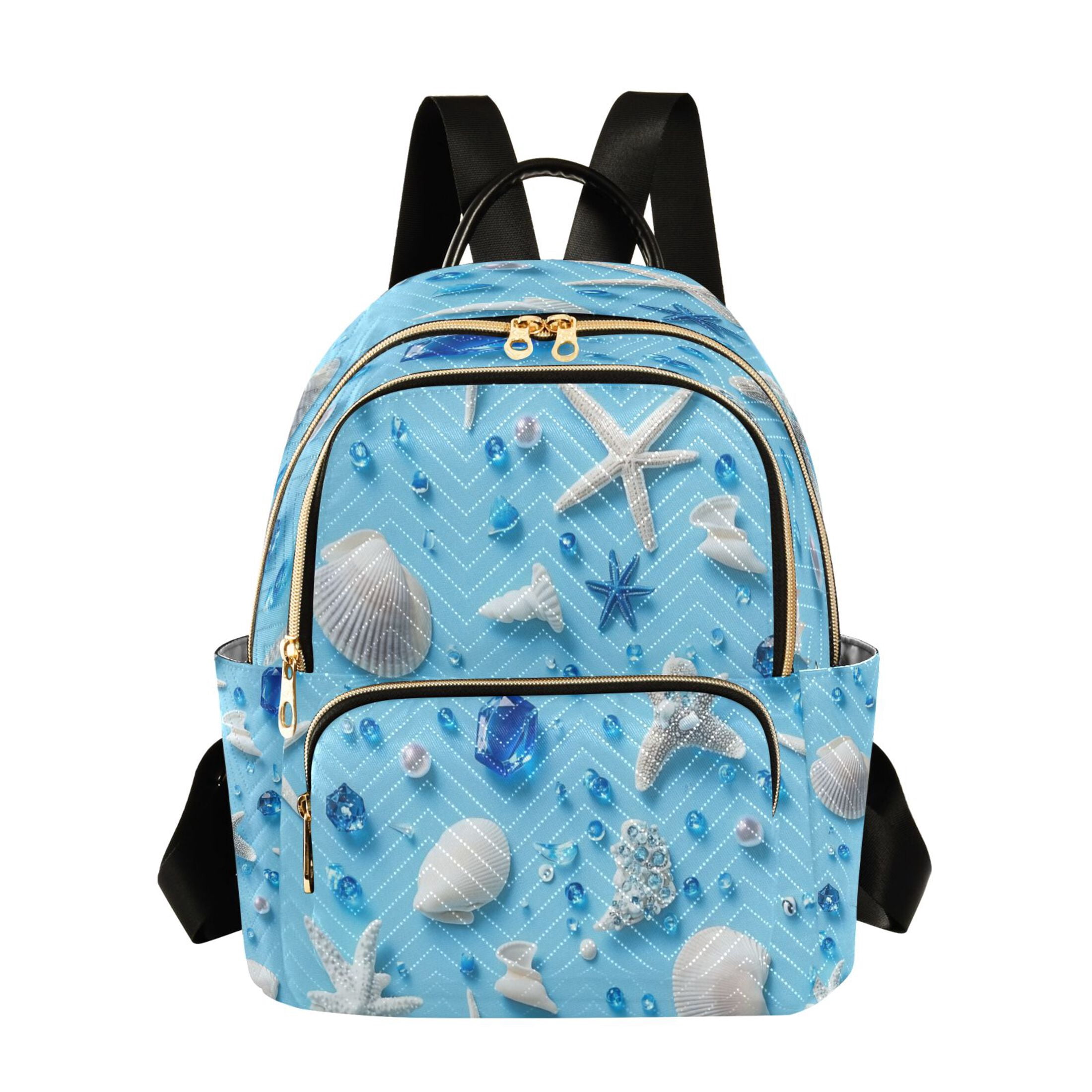 Fashion Backpack Women Casual Bag Blue Background Seashells and ...