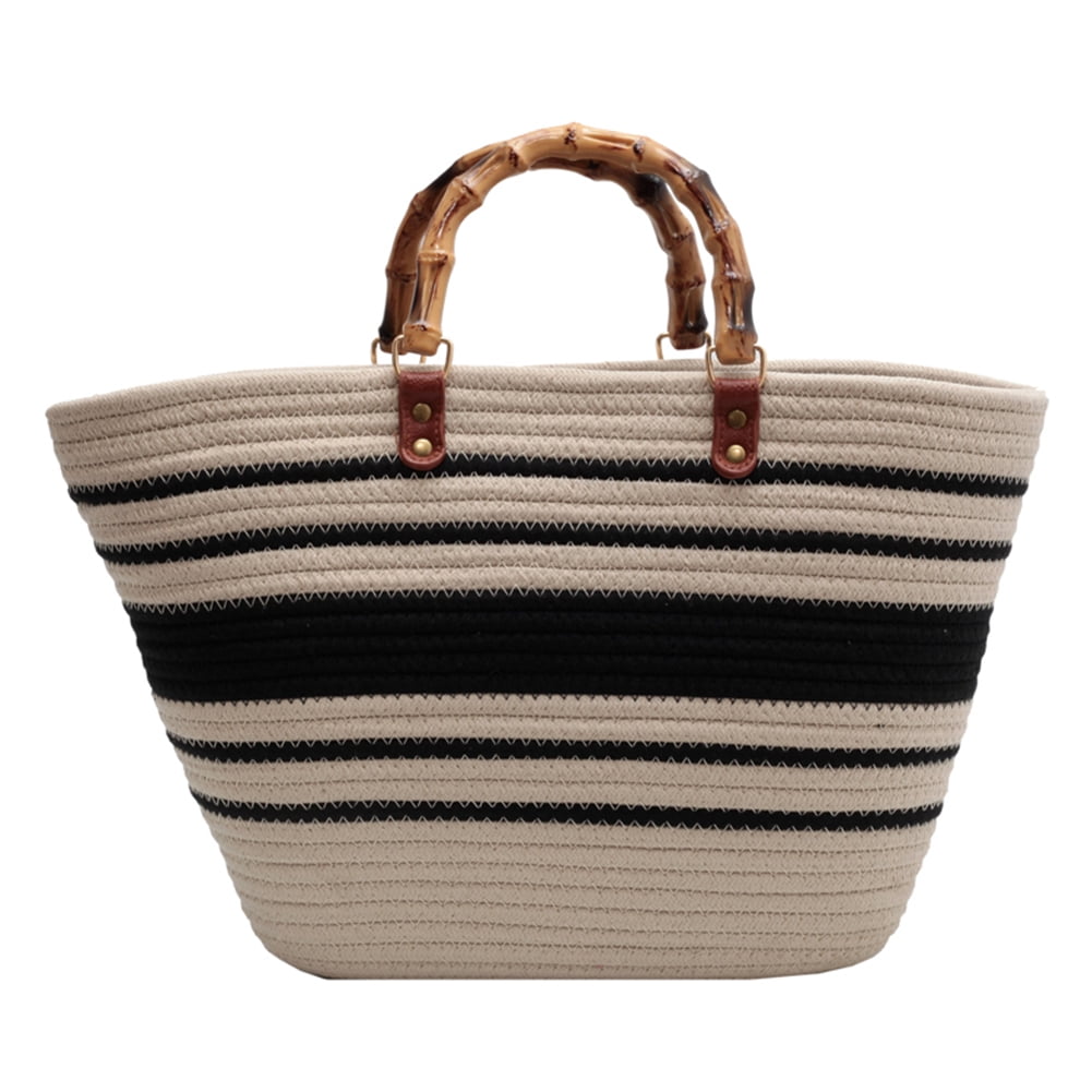 Fashion Beach Bags Bamboo Handle Cotton Woven Tote Striped for Travel ...