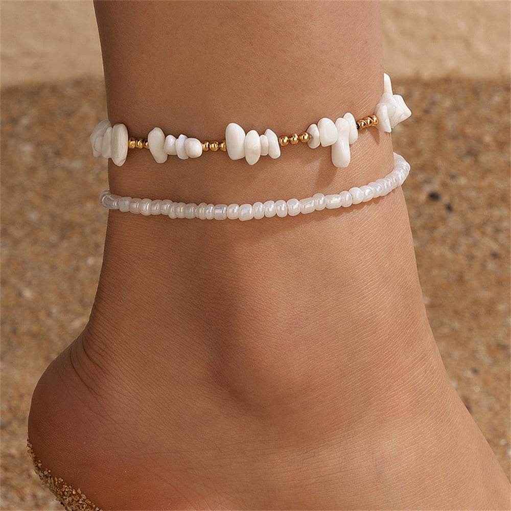 Fashion Beach White Stone Gold Bead Artificial Pearl Feet Chain Anklet ...