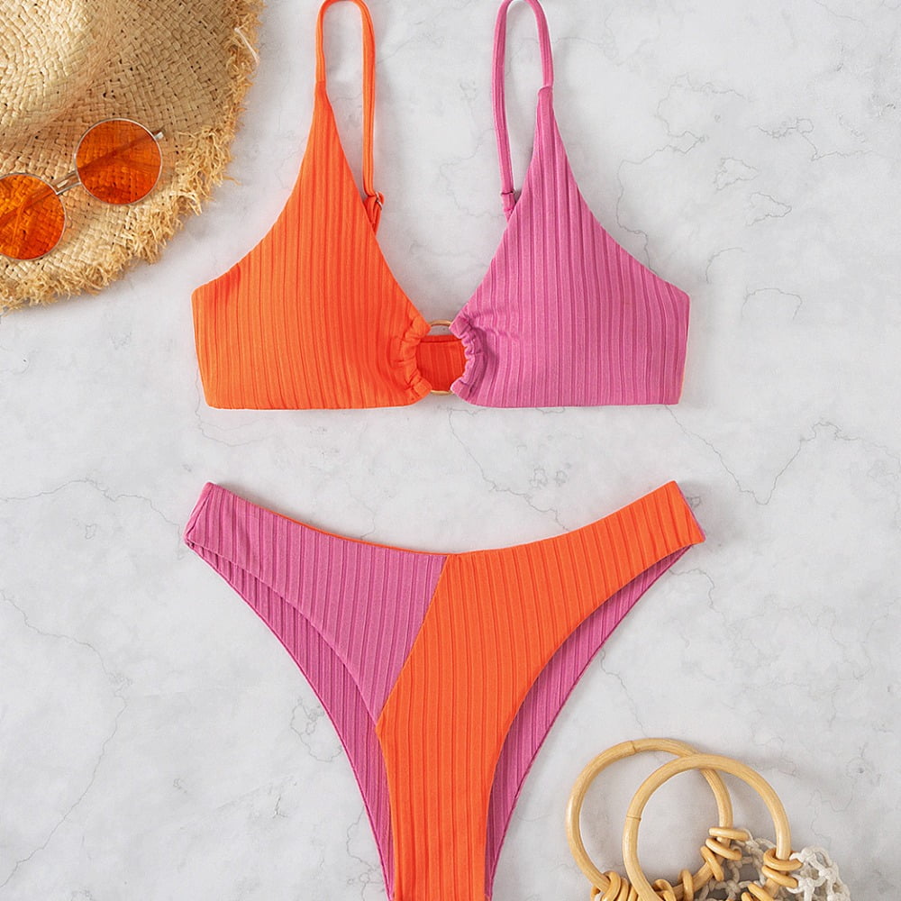 Fashion Bikini Swimsuit Women Color Block Triangle Swimwear 2pieces ...