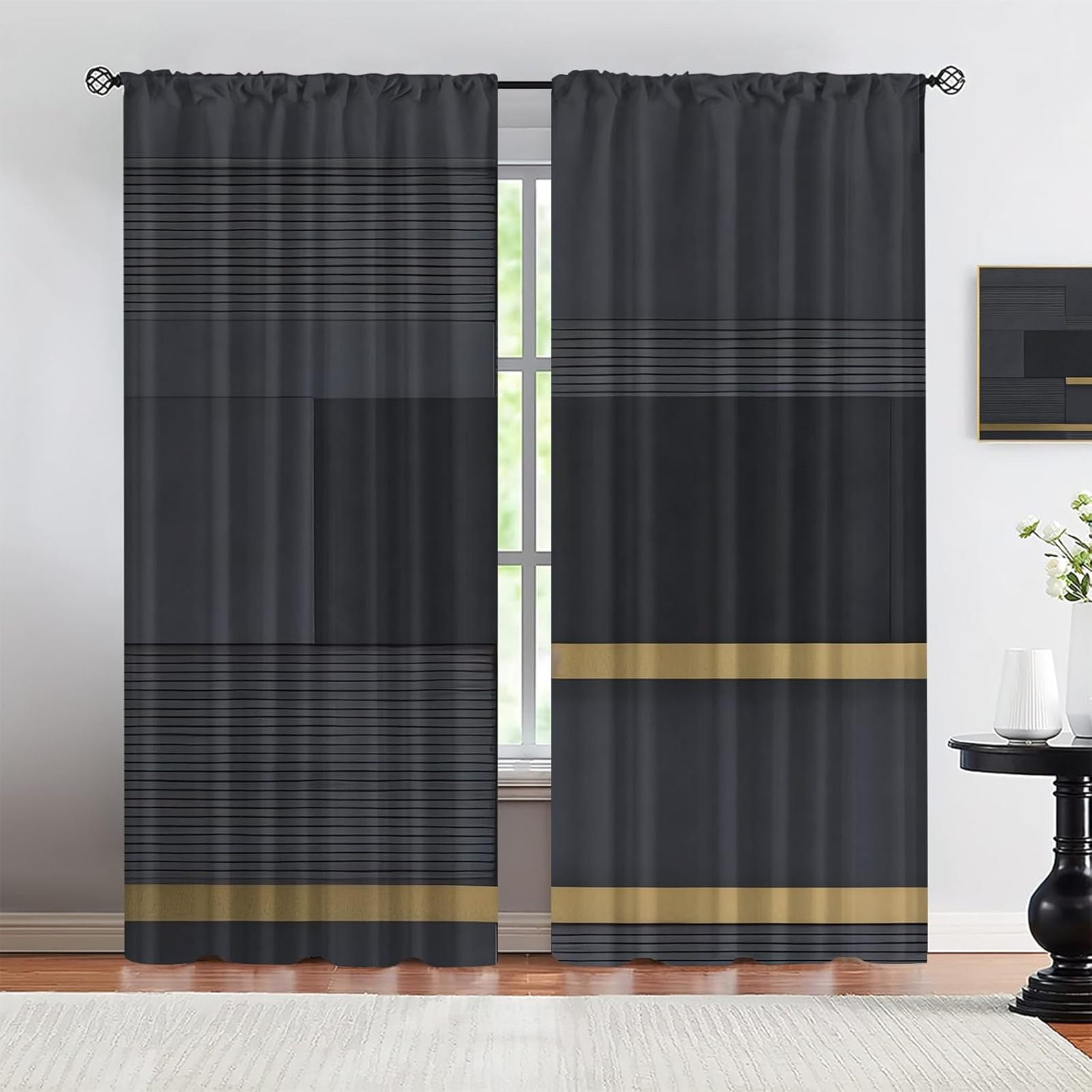 Fashion Black Window Curtain Panels, Light Luxury Gold Line Curtains ...