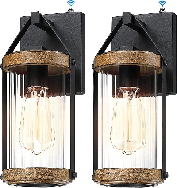 Fashion Black & Wood Textur 2 Pack Dusk to Dawn Outdoor Wall Light ...
