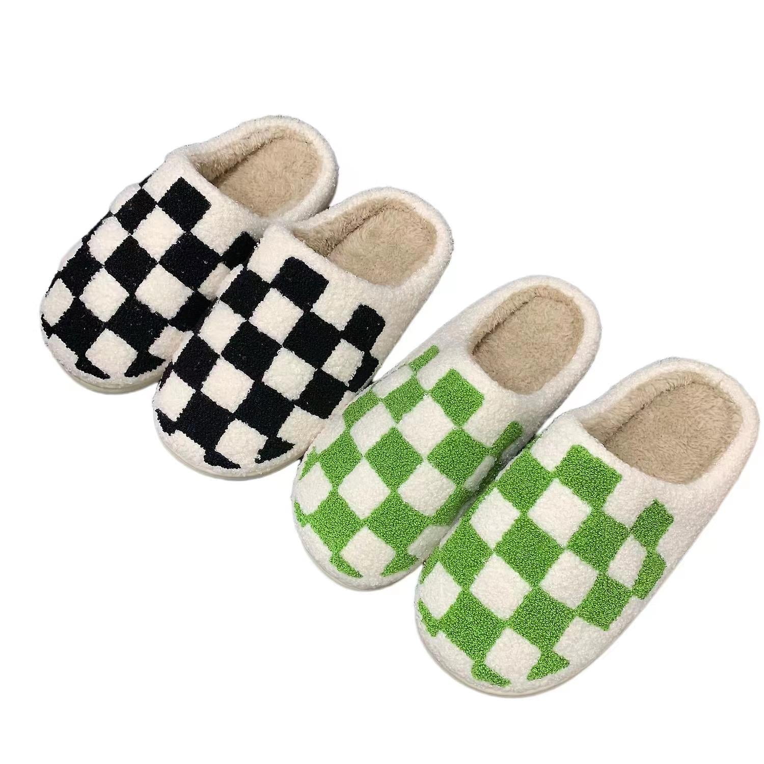 Fashion Black /green Checker Indoor Plush Slippers For Woman And Man ...