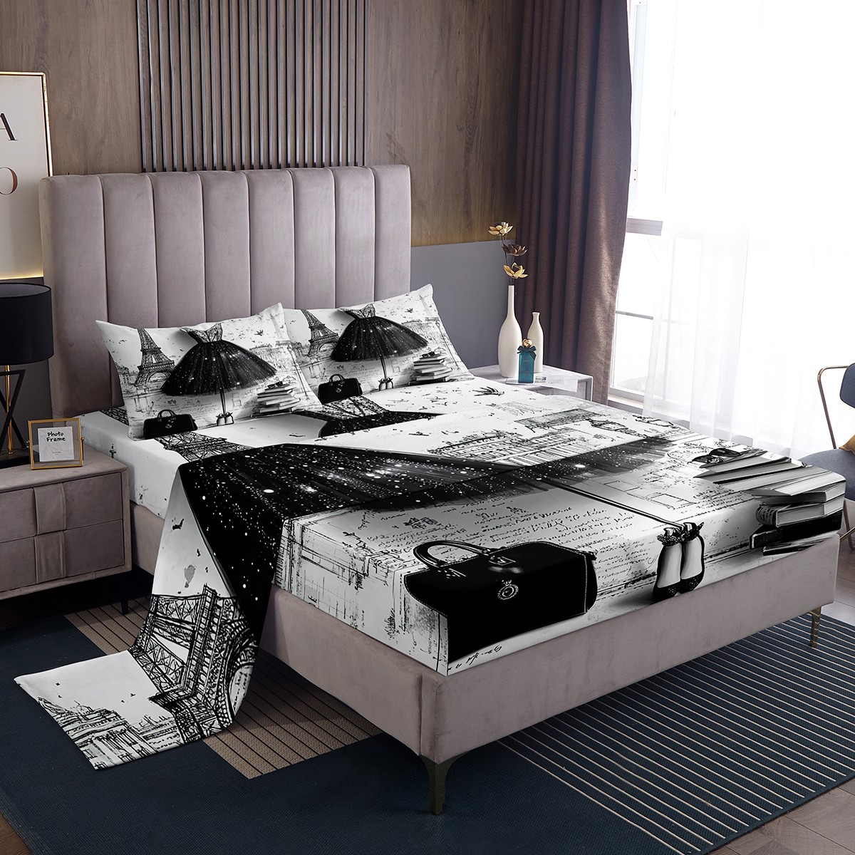 Fashion Blakc Sheets Girly Dress Eiffel Tower Paris Bed Sheets Romantic ...