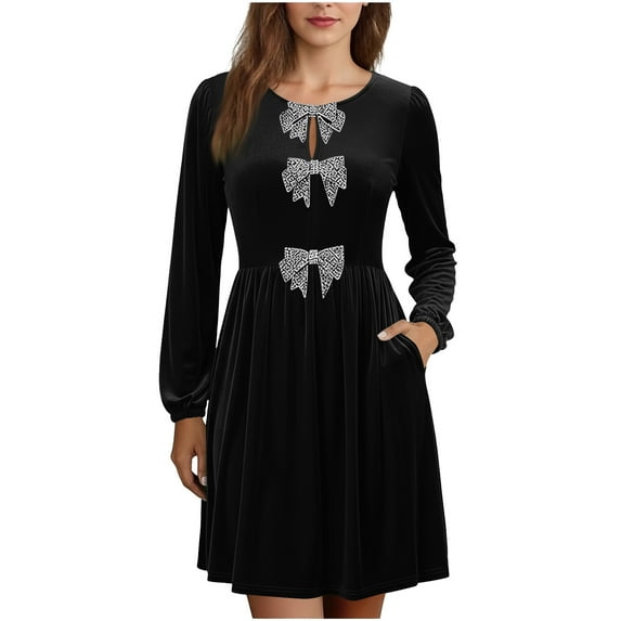 Fashion Bow Velvet Dress for Women Elegant Long Sleeve Crew Neck ...