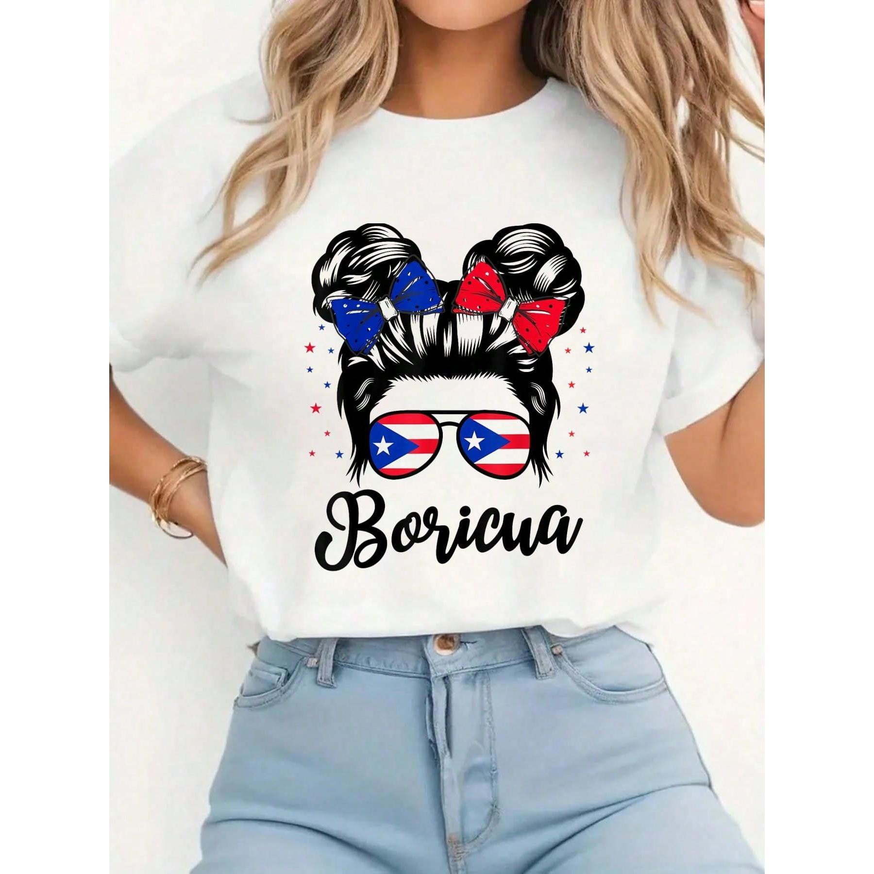 Fashion Bun Hair Graphic Tee, Top Has "Boricua"text, Sunglasses Graphic ...