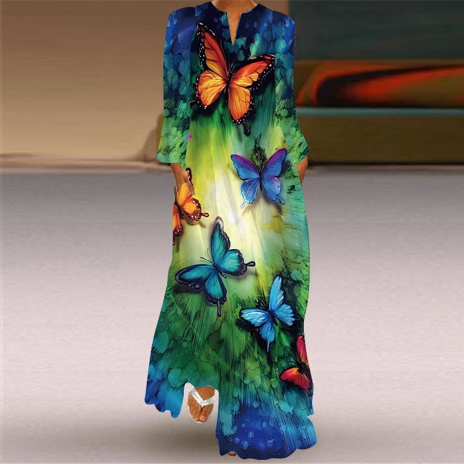 Fashion Butterfly Printed Long Summer Thin dress Pocket Sexy V-neck ...