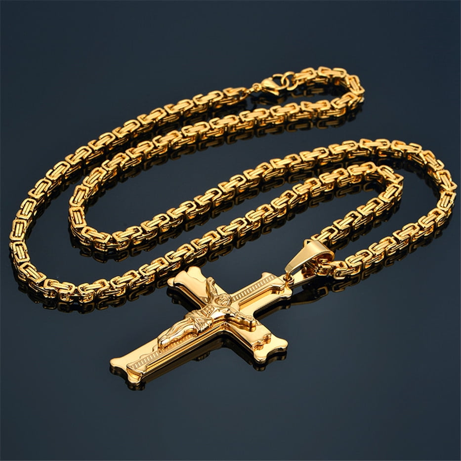 Fashion Byzantine Chain,Christ Cross 14K Yellow Gold Long Necklace for ...