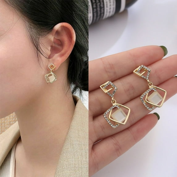 Fashion Cat Eye Stone Earrings Overlapping Square Diamond Design Full ...