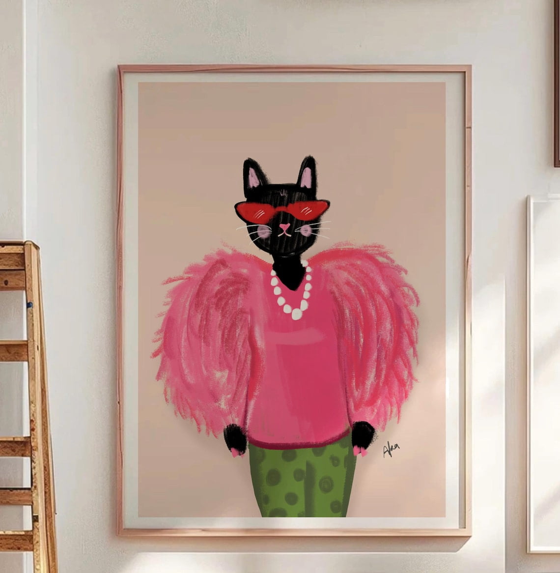 Fashion Cat Wall Art, Preppy Eclectic Animal Print, Quirky Black Cat ...