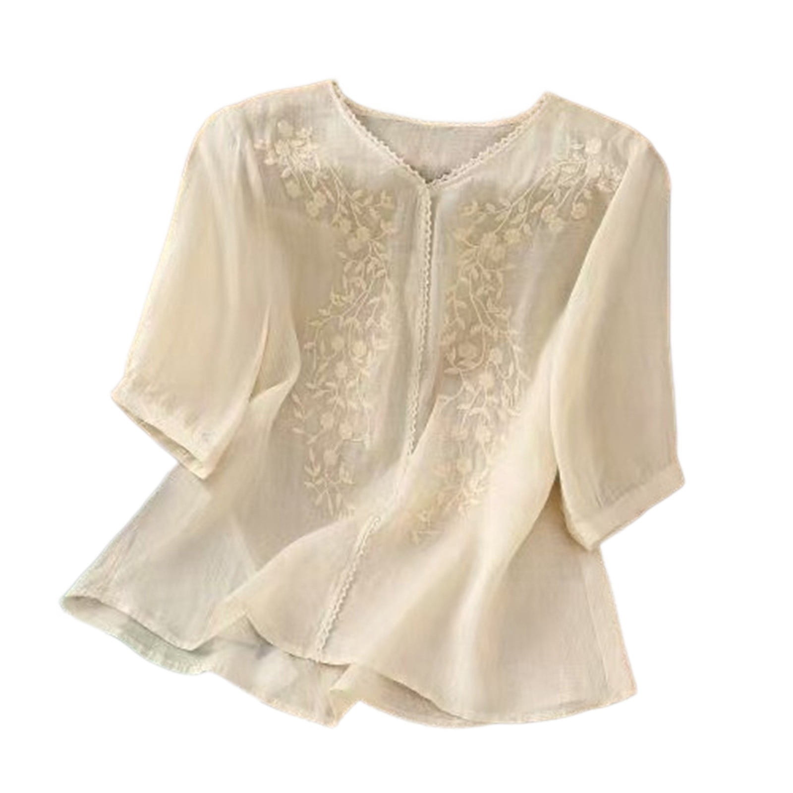 Fashion Clothing Retro Embroidered Three Quarter Cotton Linen Shirt ...