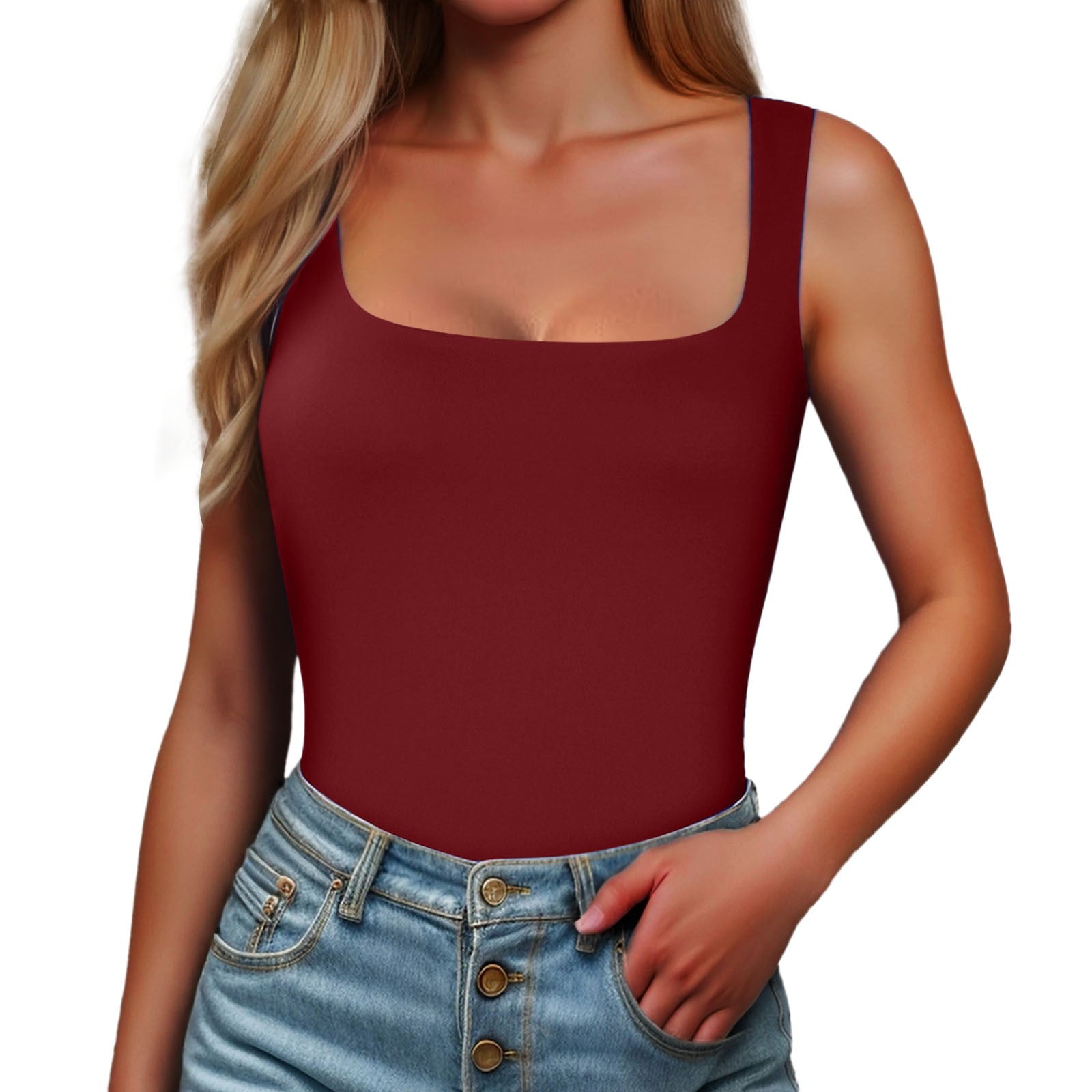 Fashion Clothing Women's Sleeveless Strappy Tank Square Neck Double ...