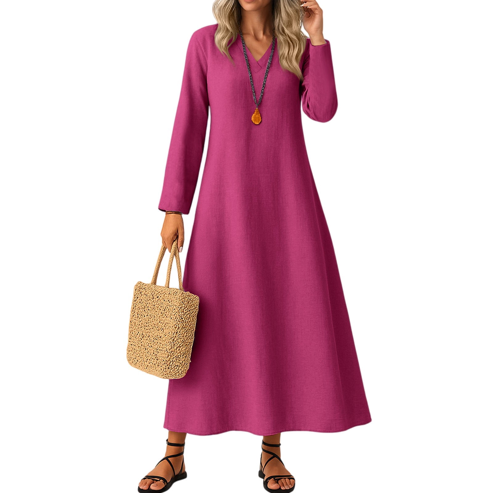 Fashion Cotton Lin Zipper Back Midi Dress Regular Sleeve Length V Neck ...