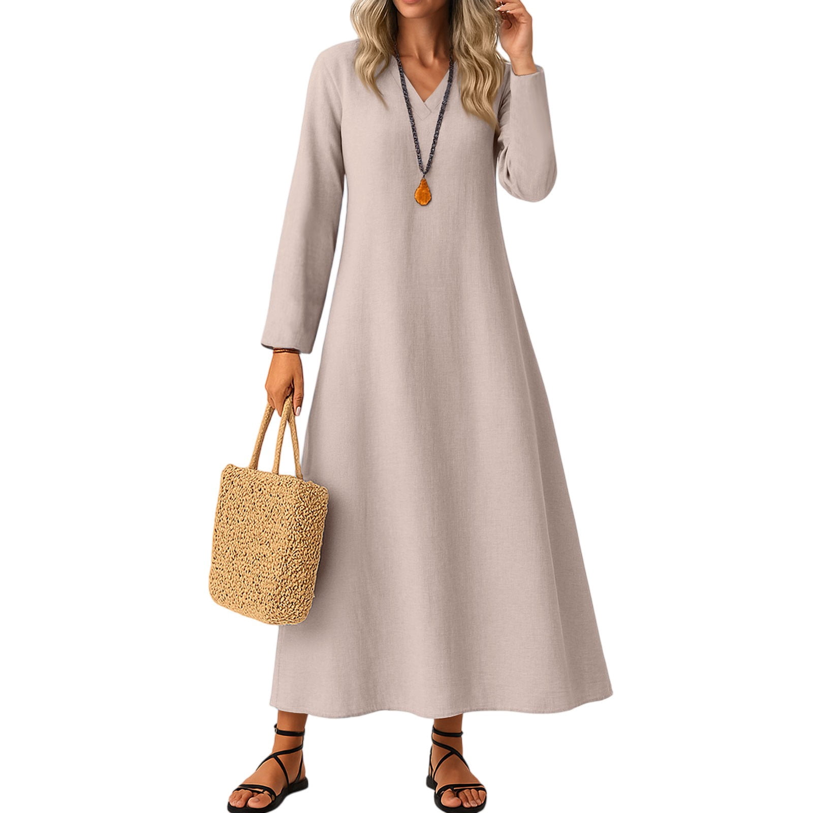 Fashion Cotton Lin Zipper Back Midi Dress Regular Sleeve Length V Neck ...