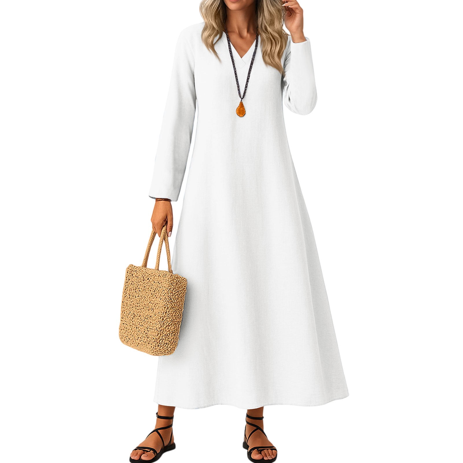 Fashion Cotton Lin Zipper Back Midi Dress Regular Sleeve Length V Neck ...