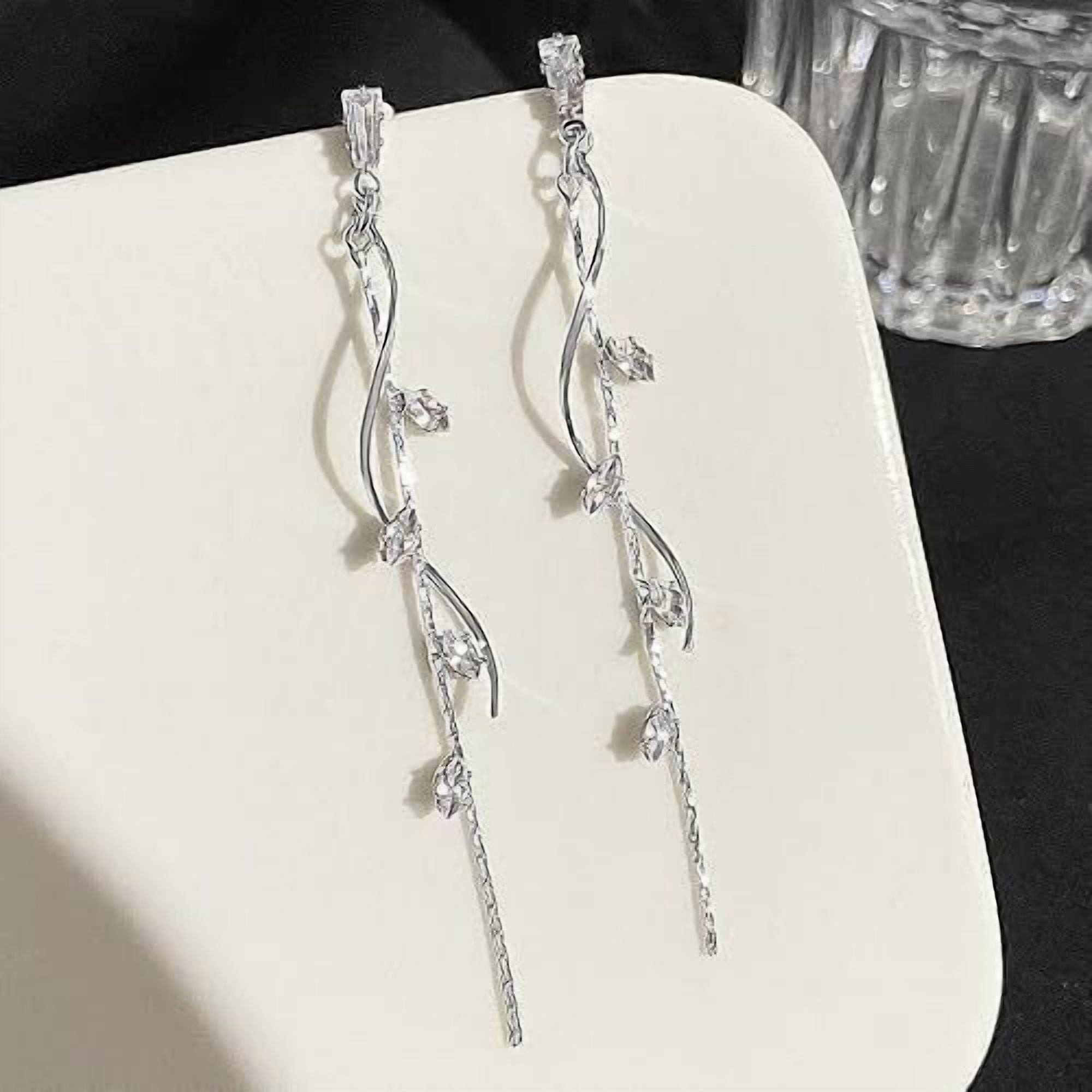 Fashion Crystal Linear Drop Earrings Zircon Thread Tassel Twisted Leaf ...