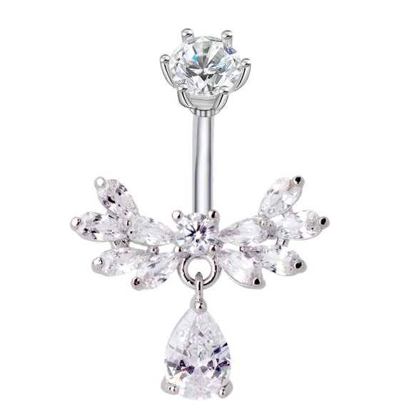 Fashion Crystal Navel Ring Piercing Heart Angel Wings Pendant Belly ...