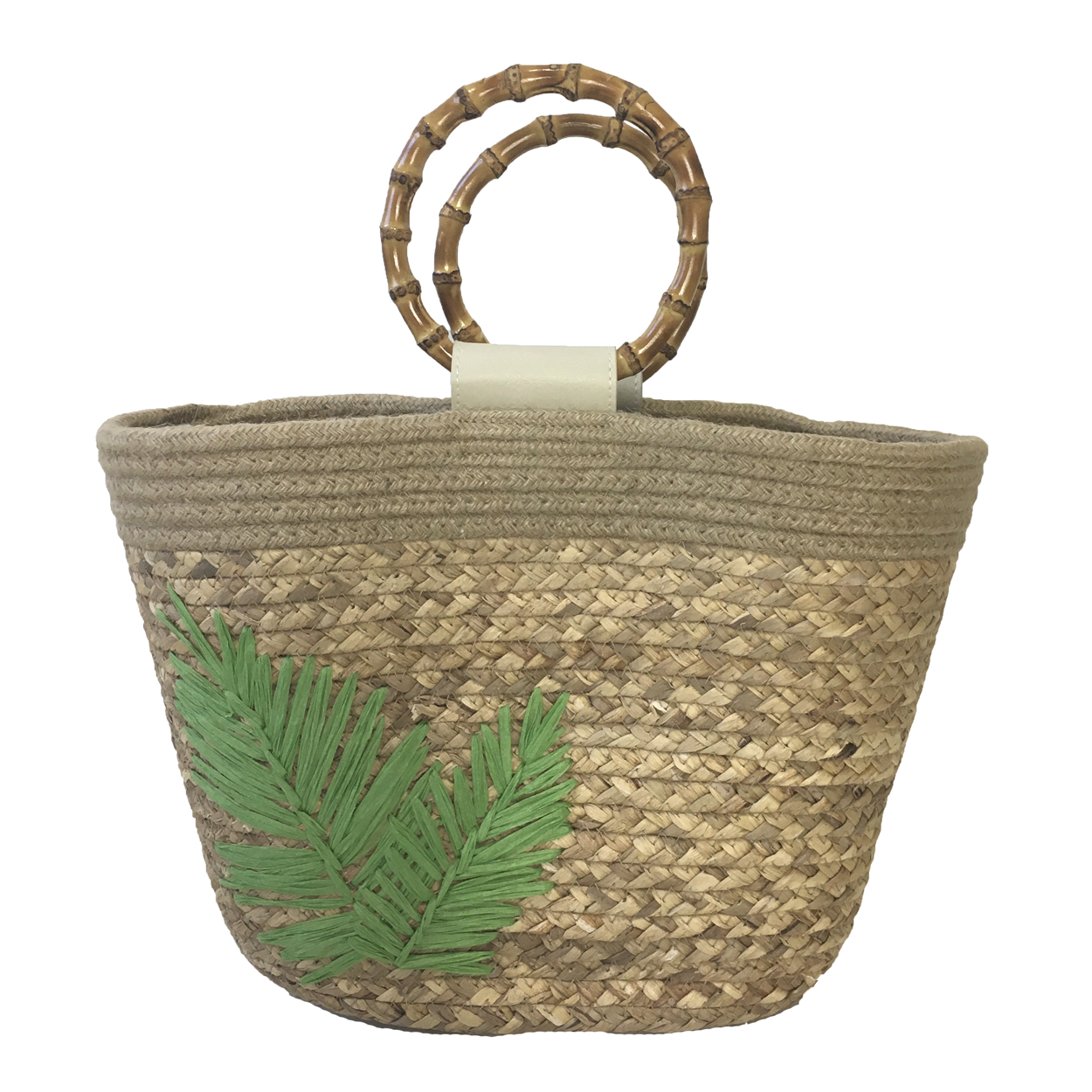 Fashion Culture Embroidered Palm Frond Bamboo Handle Straw Bucket Tote ...