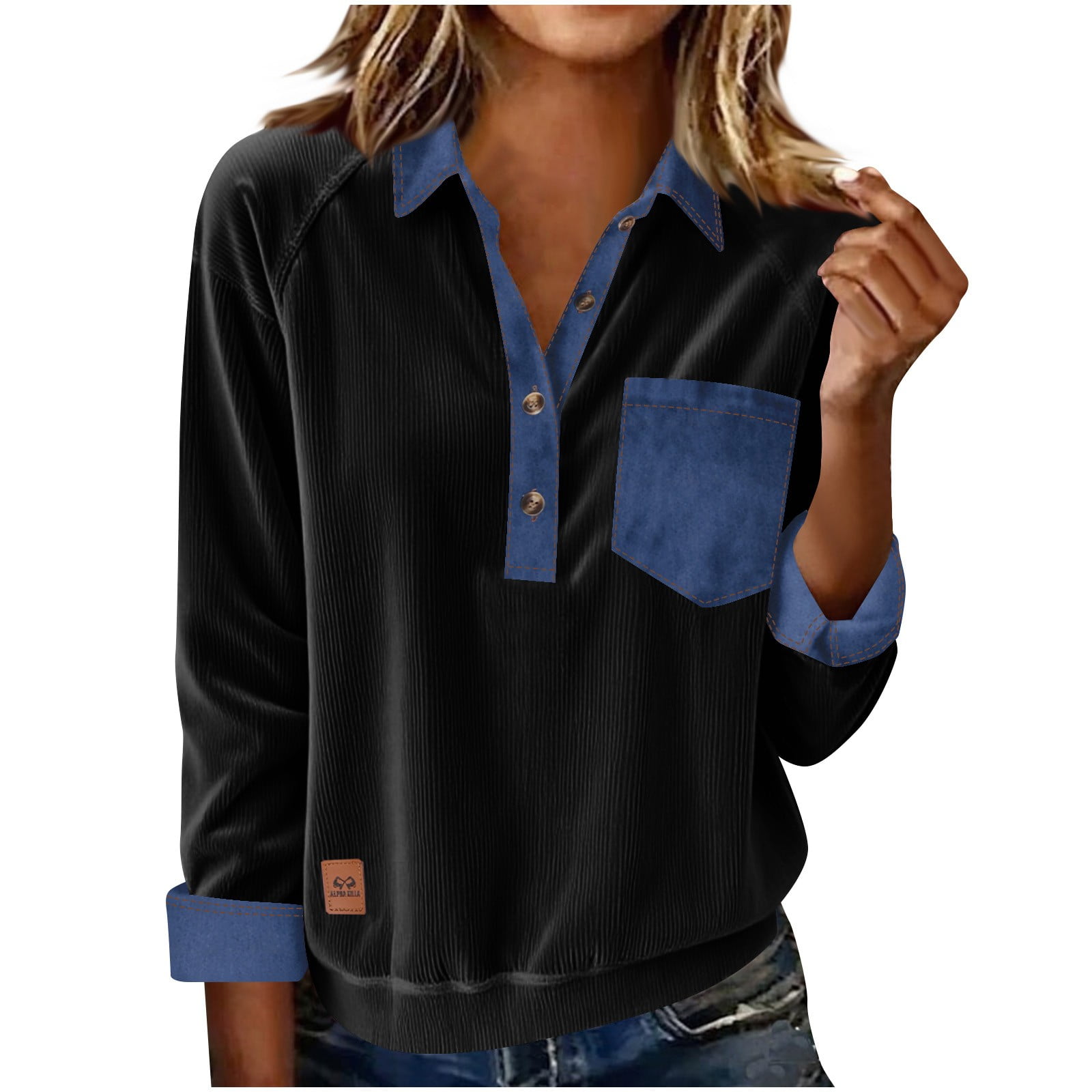 Fashion Denim Patchwork Stitching Pullover Top for Women Solid Color ...