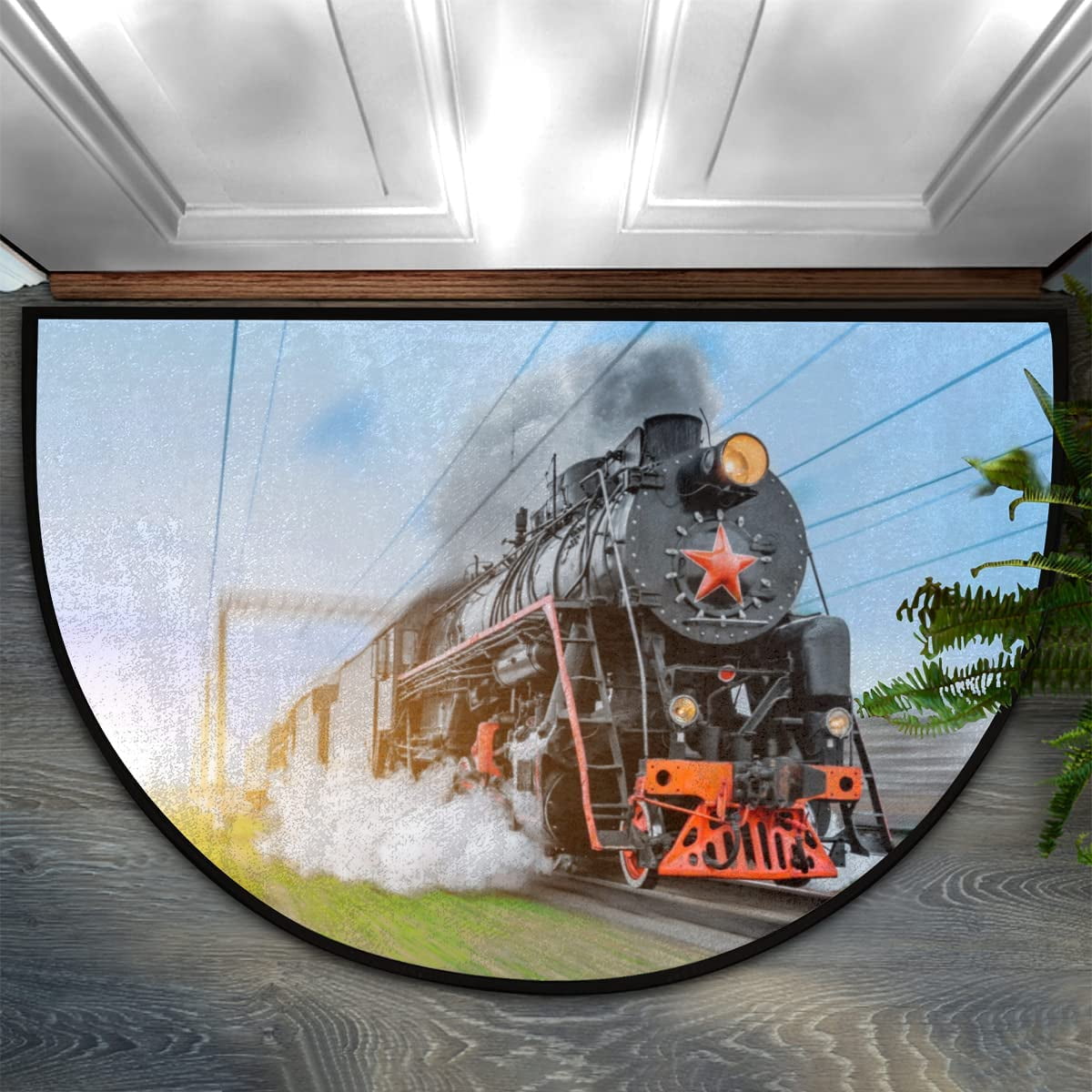 Fashion Doormat Bathroom Rugs Vintage Black Steam Locomotive Train Half ...